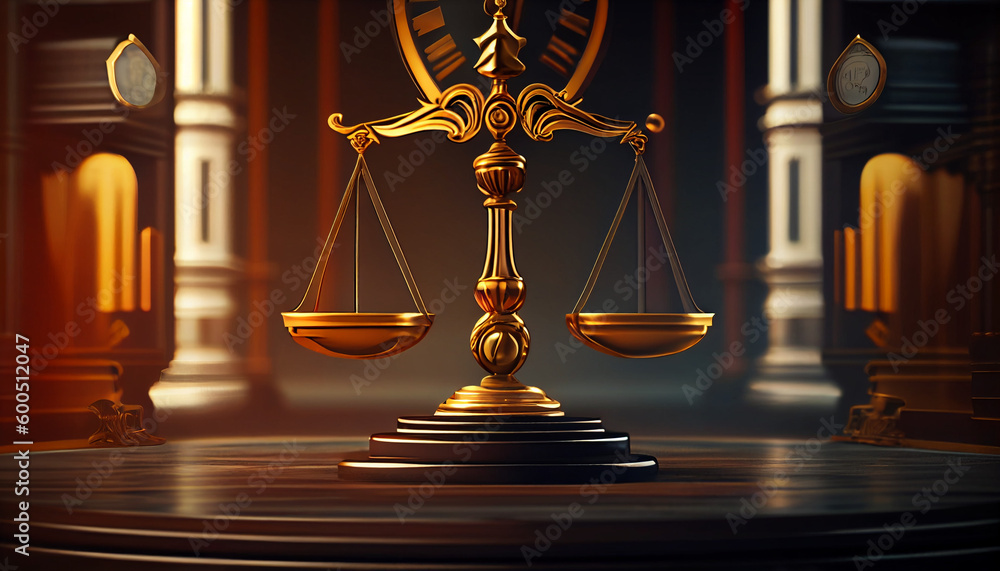 Shiny golden balanced scale in court library background Ai generated ...