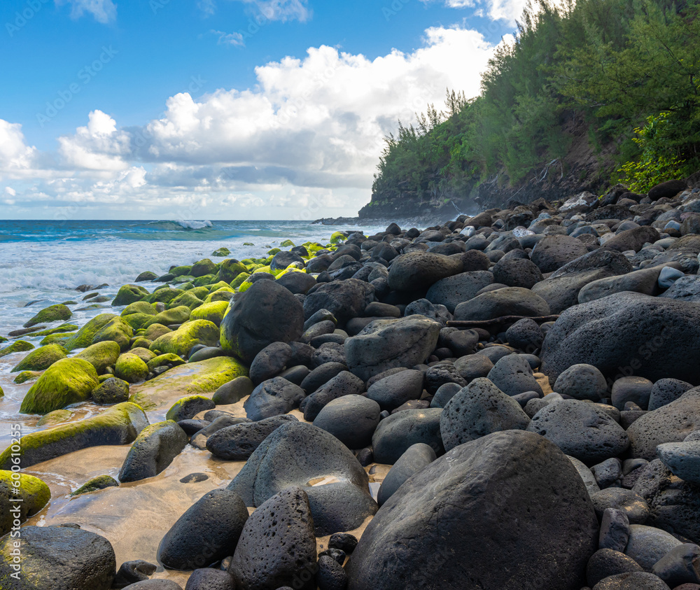 Lava Rocks and Golden Sand Against The Na Pali Cliffs at Hanakapiai ...