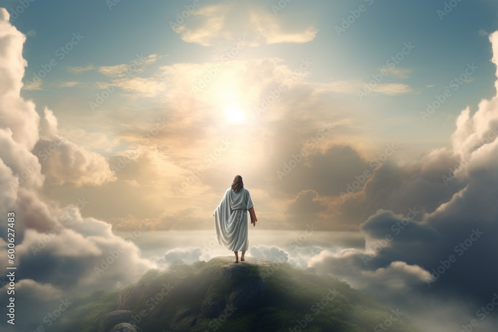 Culture and religion concept. Jesus Christ walking on clouds. Dramatic sunlight in background ...