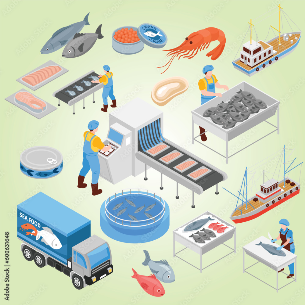 fishing production isometric set vessels sea food delivery truck ...