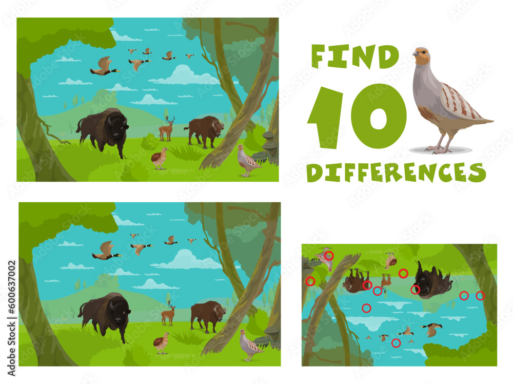 Vector de Stock Find ten differences. Cartoon wild animals. Child ...
