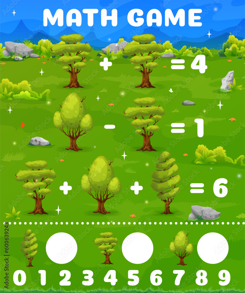 Cartoon forest trees, summer landscape, math game worksheet. Vector ...