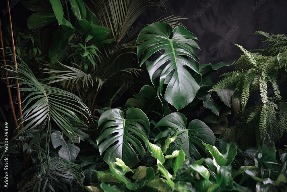 Illustration Stock Monstera green leaves or Monstera Deliciosa in dark ...