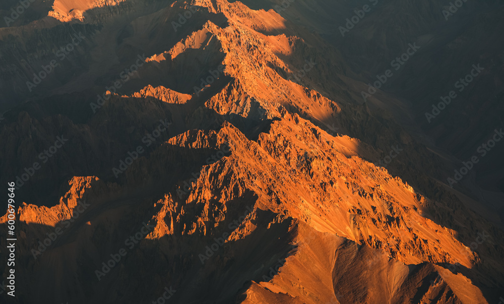 Andes Mountains at sunset. Aerial photo with the amazing sunset ...