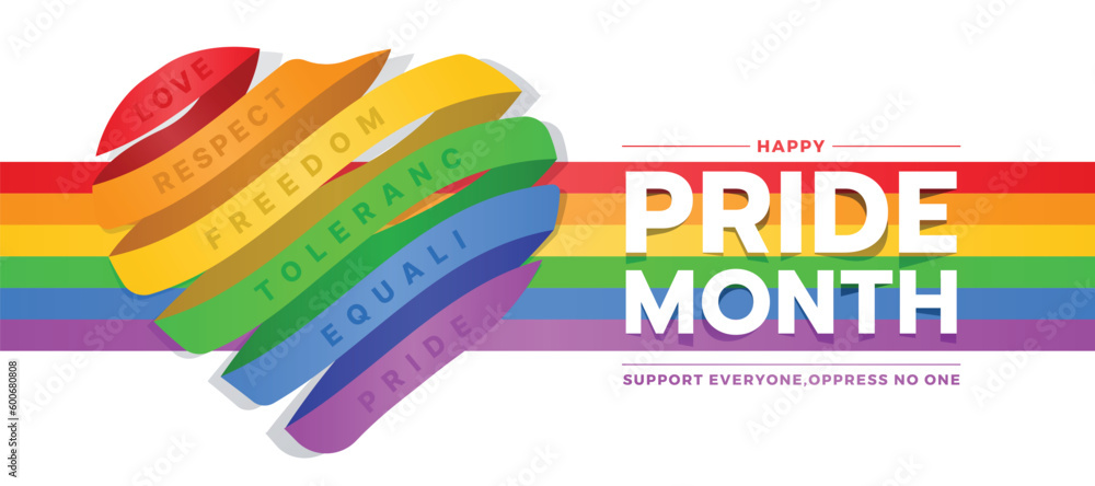 Happy Pride month text and colorful rainbow ribbon rolling heart shape ...