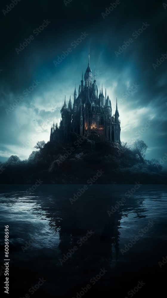 Fantasy cathedral on a floating island in the sea with dark skies and ...