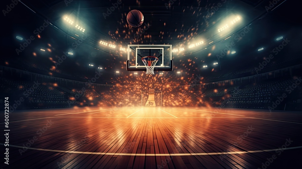 A basketball court with a ball in motion and stadium lights. Generative ...