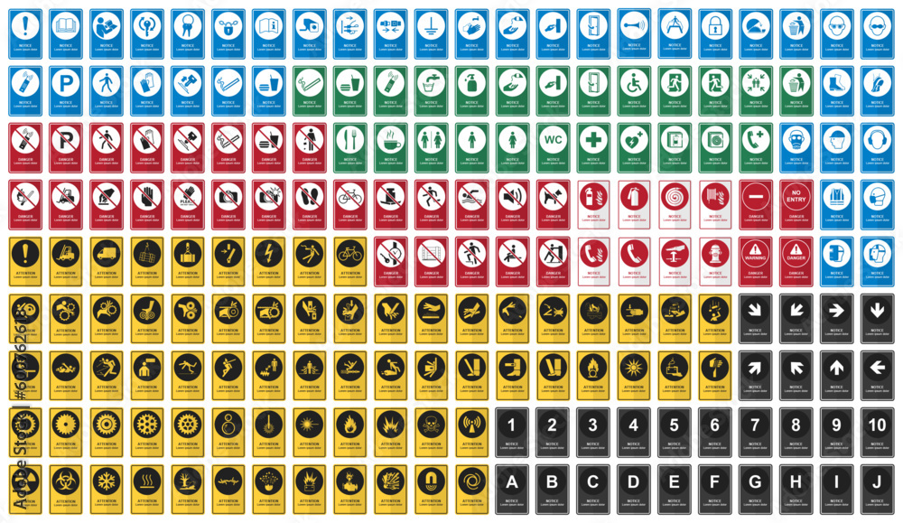Safety, danger, warning and notice signs in a package of 198 different ...