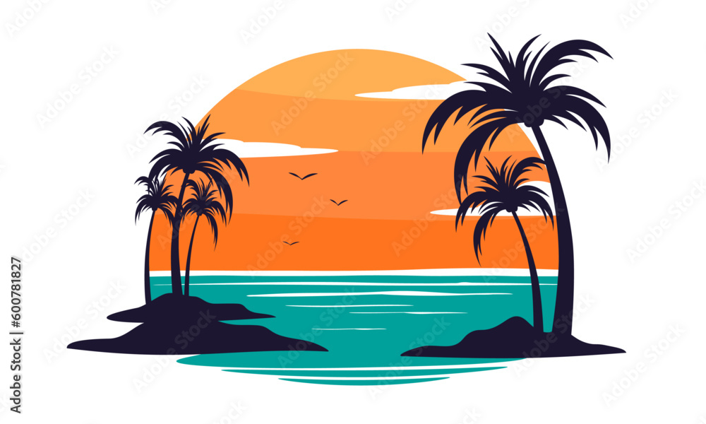 Tropical paradise emblem with palm trees and sunset, vector logo ...