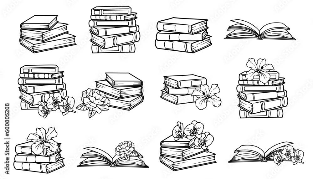 Set of hand drawn outline books designs. Vector floral books, stack of ...