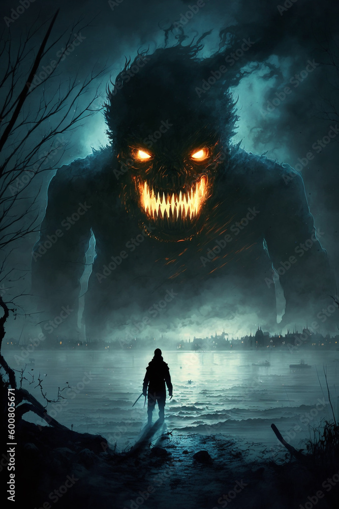 Fantasy scene where a person confronts a titanic figure lording over a ...