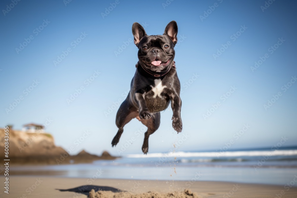 Environmental portrait photography of a happy french bulldog jumping ...