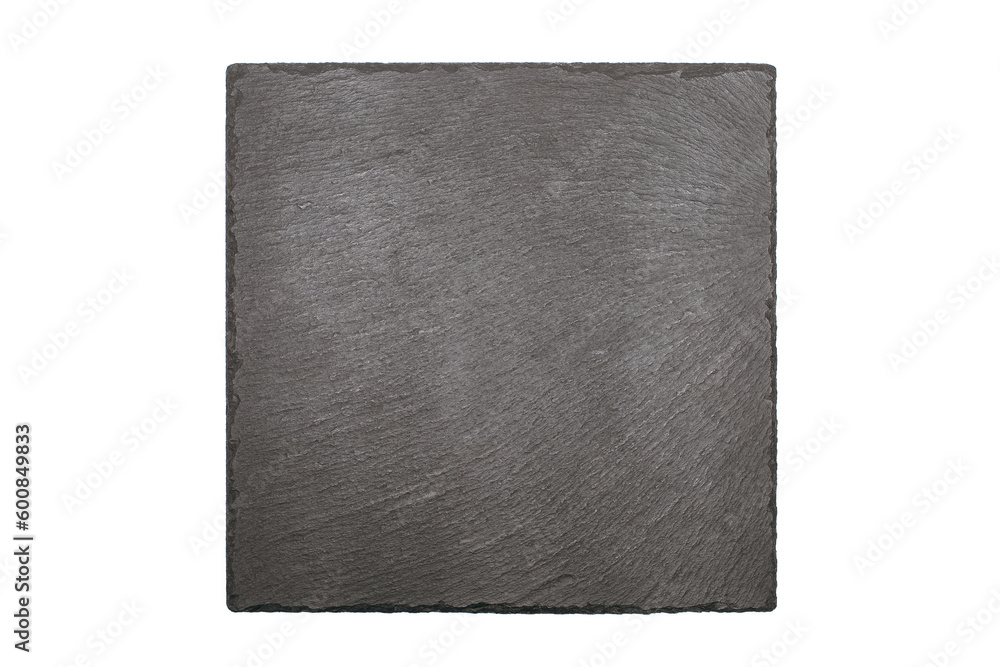 Black slate board in the shape of a square on a white background. Empty ...
