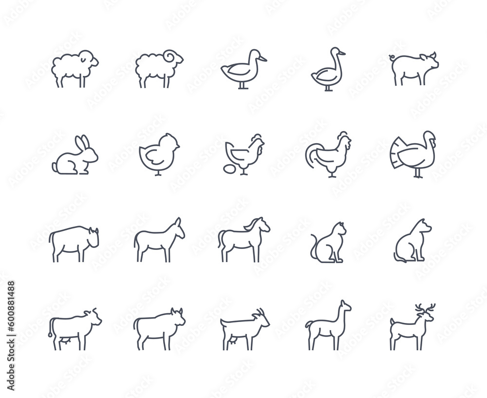 Domestic animals icons outline set Stock Vector | Adobe Stock