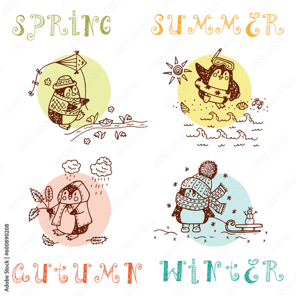 Hand drawn doodle Cute penguins. Birds set. Seasons set. Four seasons ...
