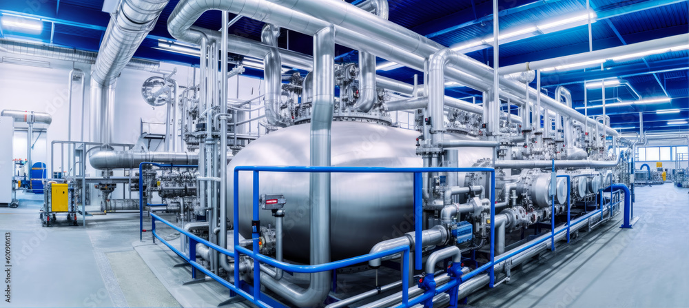 Large steel industrial tanks with metal pipes around, inside hydrogen ...