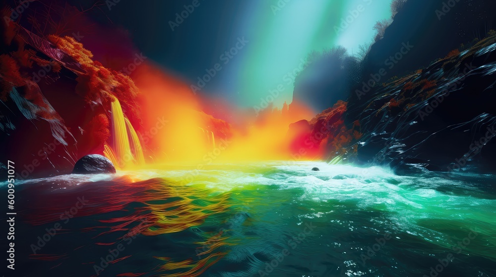 Neon waterfall with glowing water in the magical forest inside ...