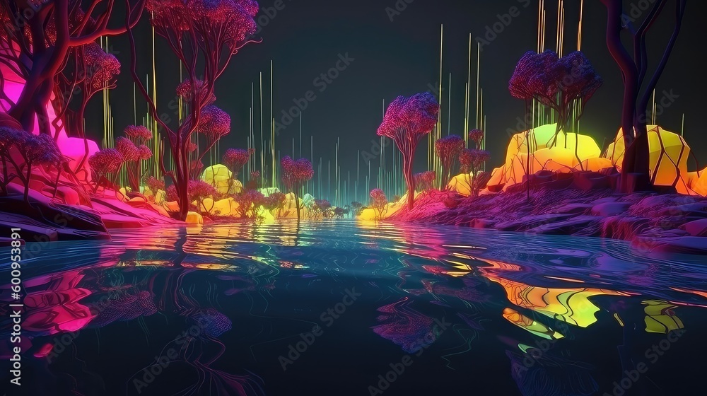 Neon 3d Landscape Neon Terrain Swamp Metavarse Virtual World with trees ...