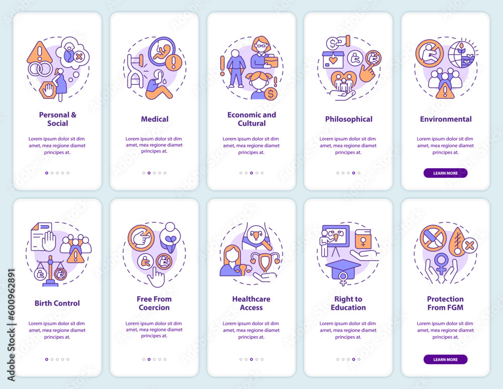 Reproductive Choice Onboarding Mobile App Screen Set Human Right Walkthrough 5 Steps Editable
