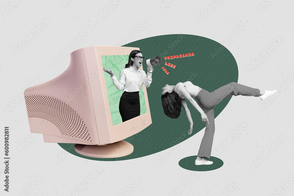 Magazine website template collage of reporter lady screaming megaphone ...