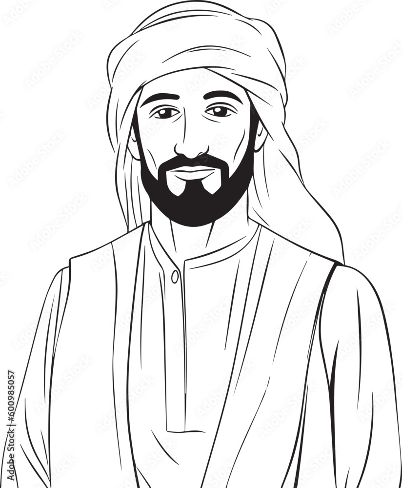 Arabic man head in cartoon style, anime man head, coloring page, vector ...