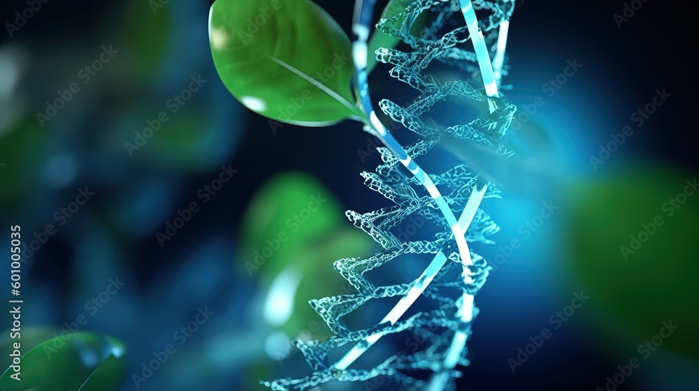 Green plant sprout with blue 3d DNA molecule helix.Low-poly style ...