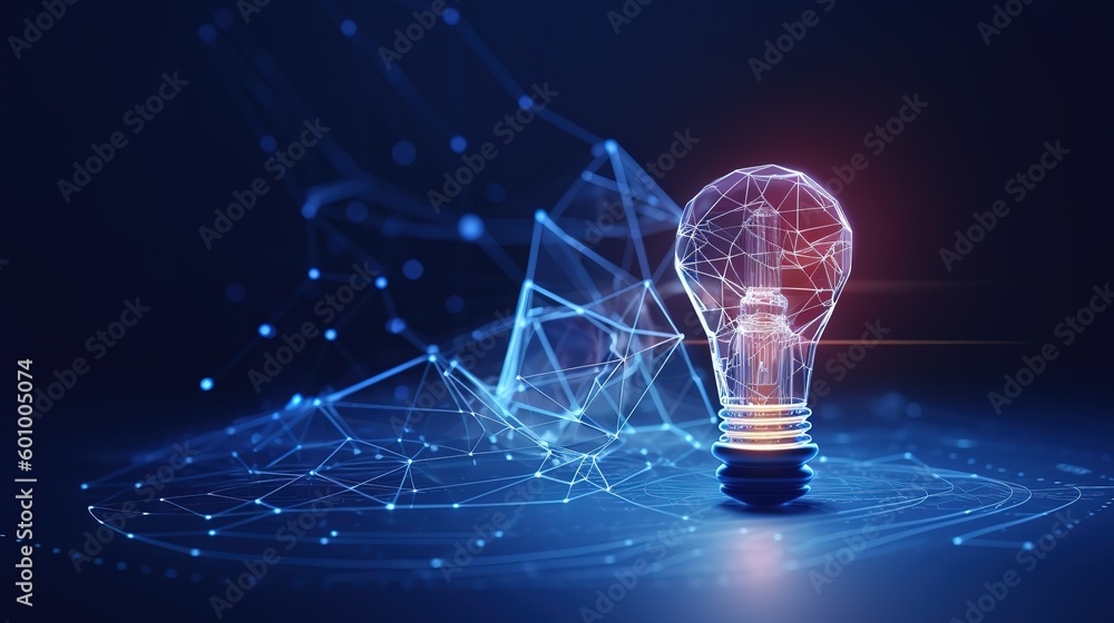 Abstract blue glowing light bulb.Low-poly style. Abstract neon frame ...