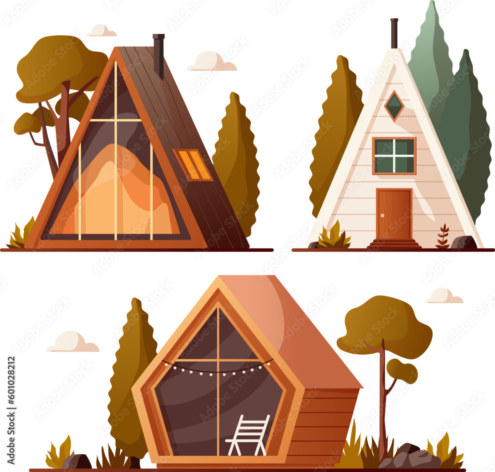 Glamping cabin set, luxury camping in foest nature. Comfortable glass ...