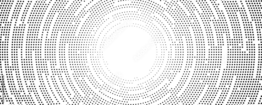 Abstract circles of black particles on white background. Circular sound ...
