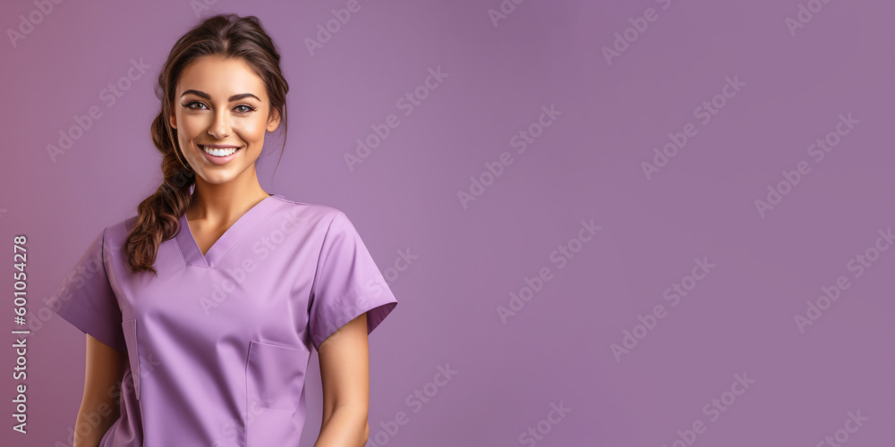 Attractive woman wearing medical scrubs, isolated on purple background ...