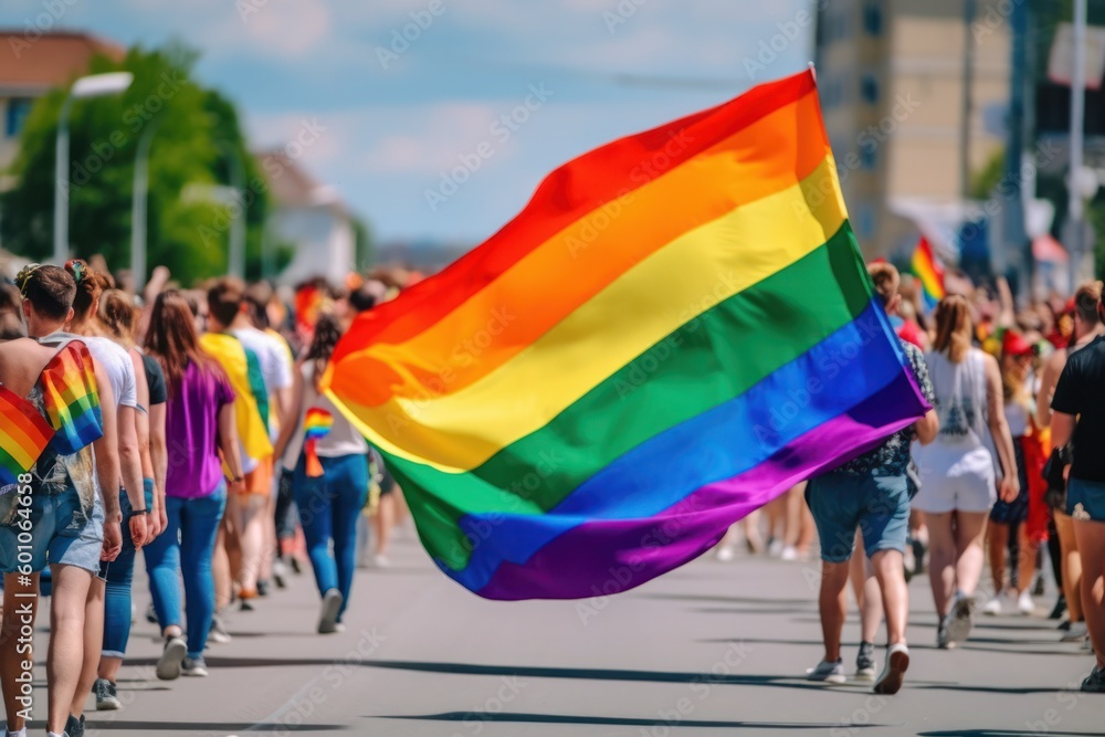 LGBTQ pride parade, crowd people cheerfully walking together, proudly holding colorful rainbow ...