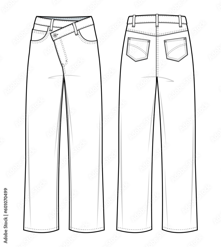 Asymmetric jeans fashion flat technical drawing template. highwaist ...
