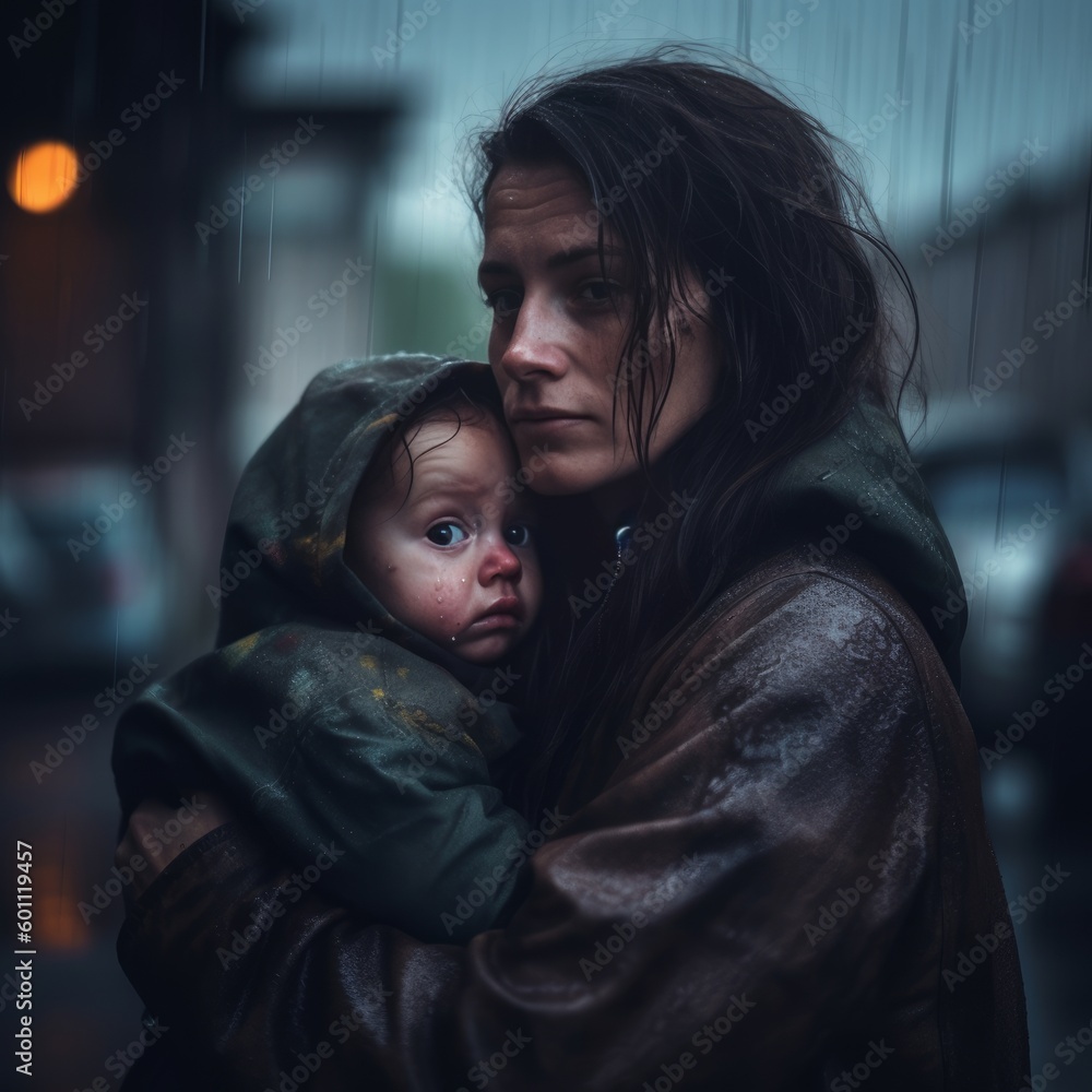 A poor mom hugging her baby son in the street under the rainy sky ...