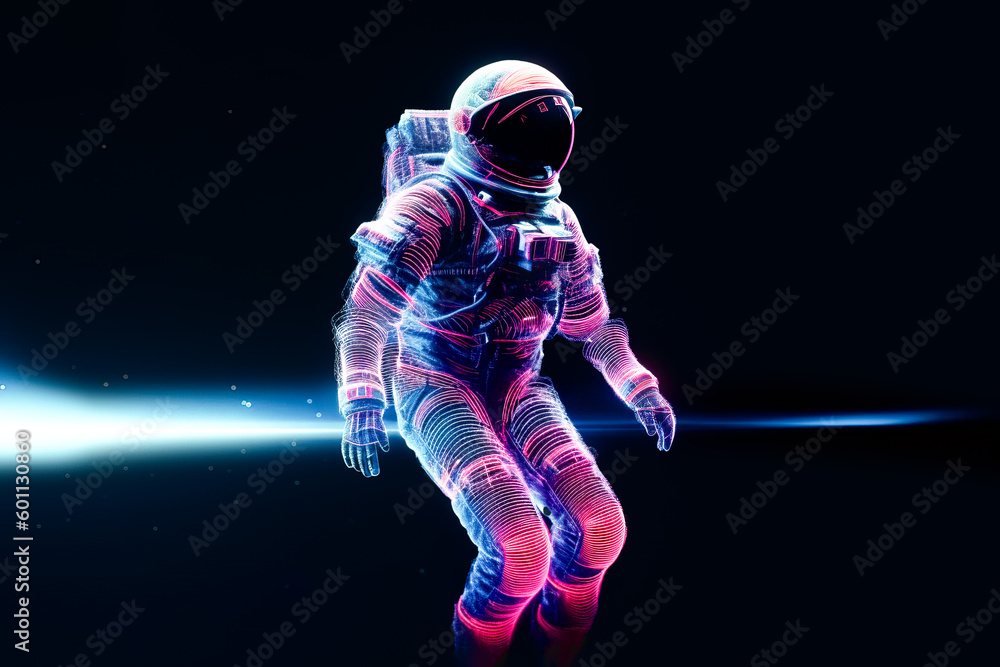 Generative AI illustration of unrecognizable person in shiny space suit ...