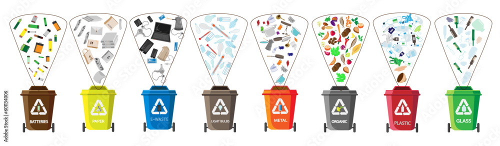 Waste segregation. Sorting garbage by material and type in colored ...