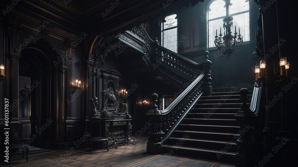 Dark gothic mansion hall in victorian style interior with staircase and ...