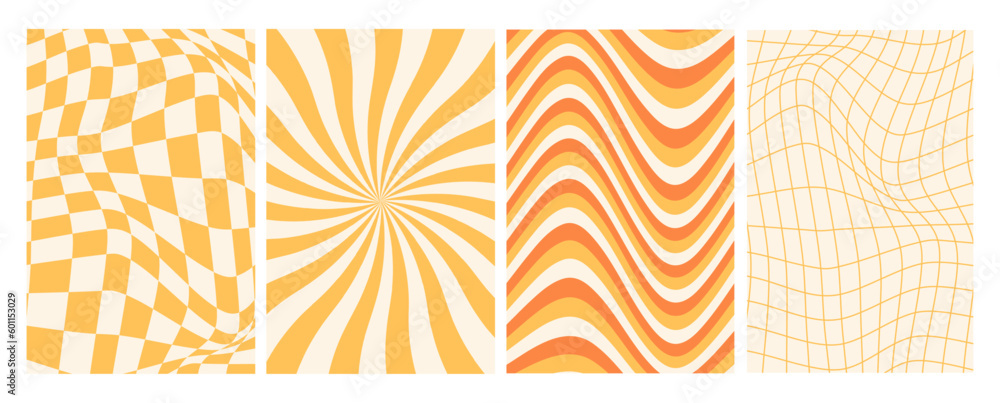 Groovy checkered patterns, radial lines, hippie retro 60s 70s yellow ...