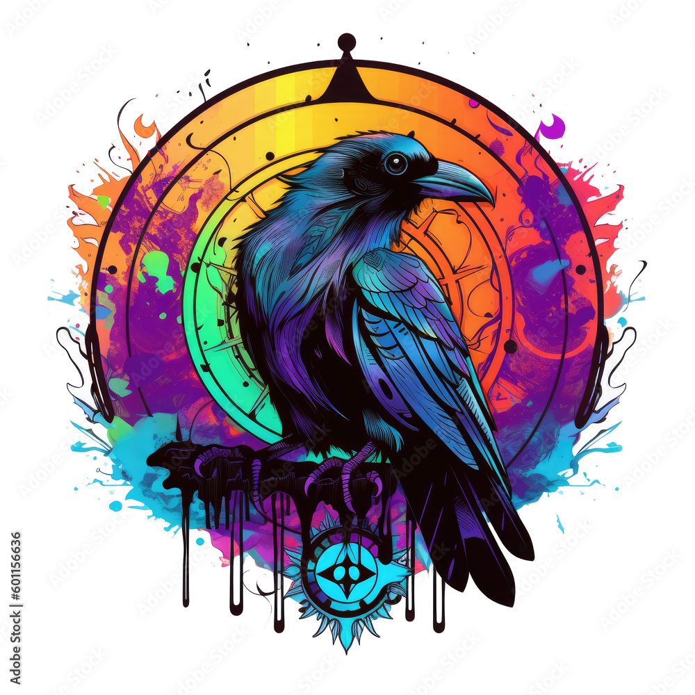 A crow t-shirt design with a psychedelic feel, featuring a crow in a ...