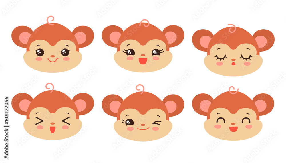 Vector de Stock Cute monkey emoji icon set. Kawaii jungle animal icons ...