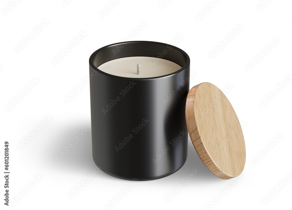 Minimalist candle mockup, black ceramic candle jar with wooden lid open design-ready 3D render ...