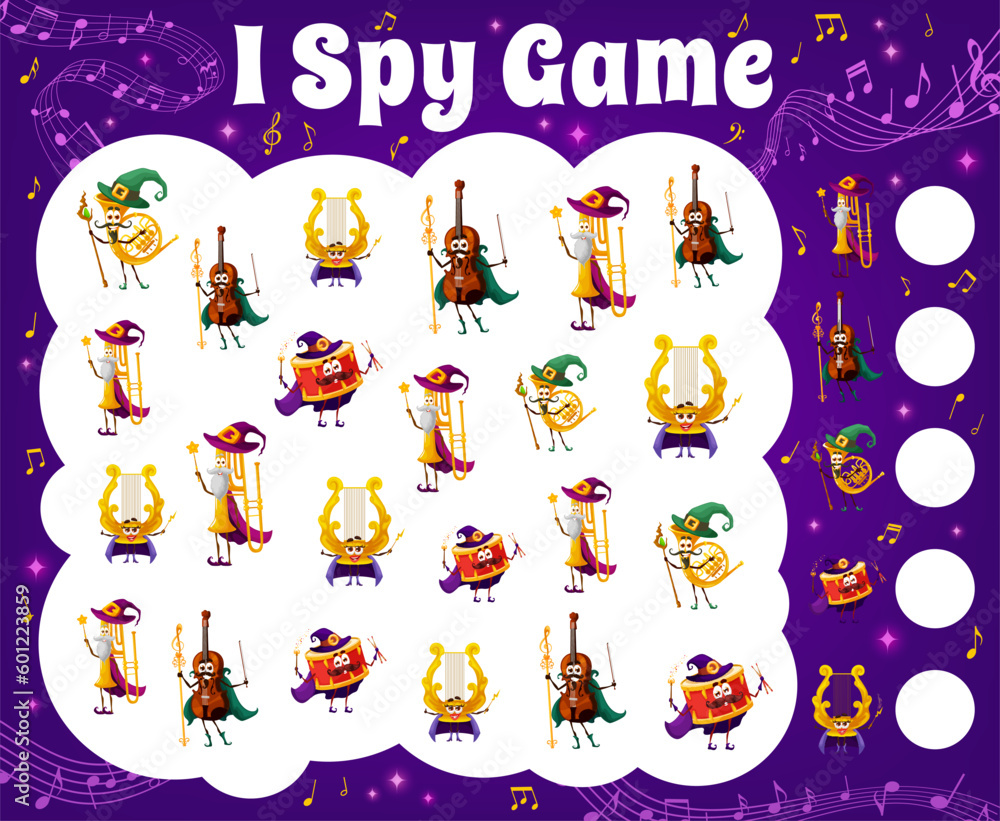 I spy game wizard and fairy musical instrument characters, sound waves ...