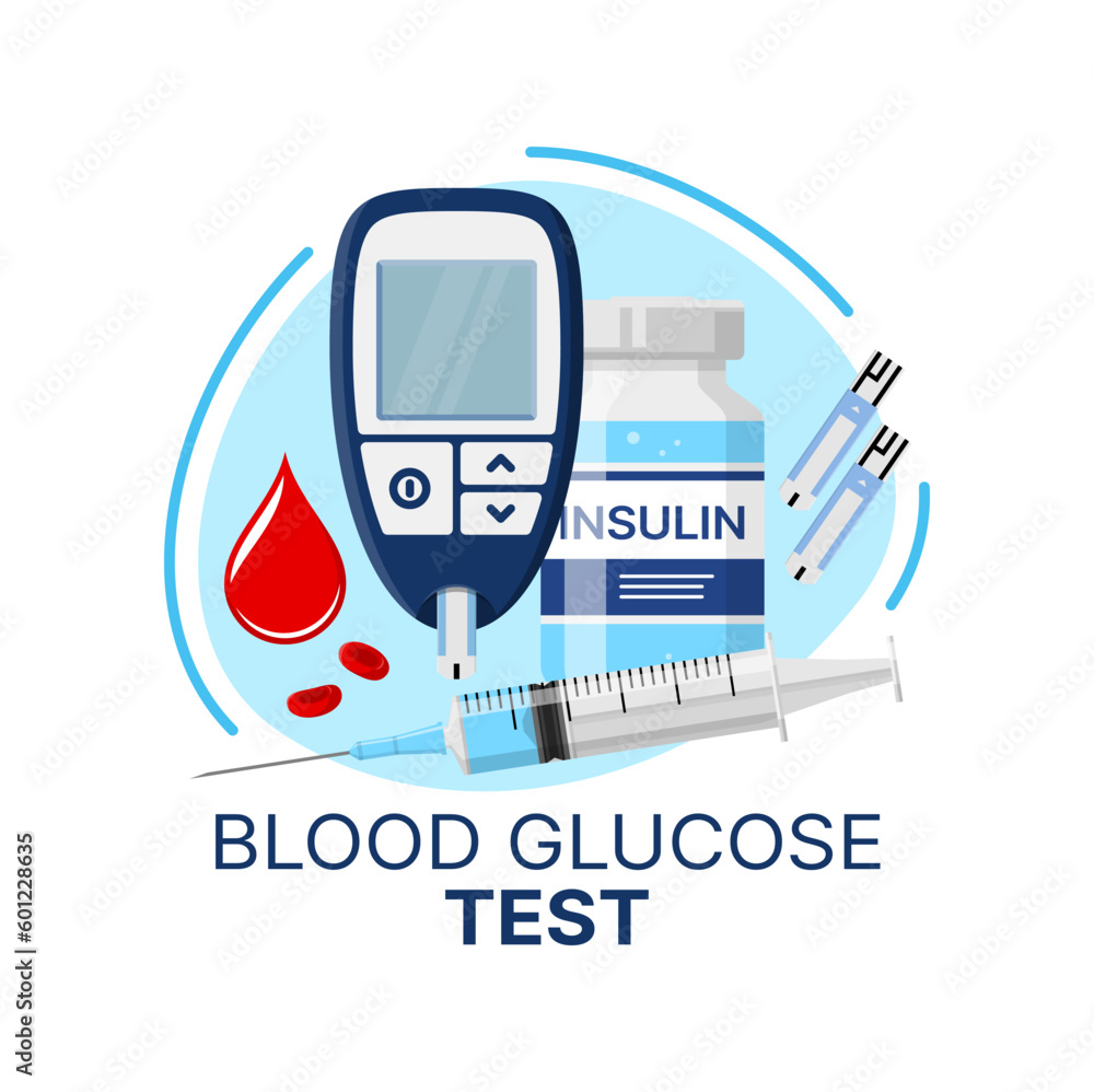 Blood glucose test icon of diabetes care. Vector insulin injection ...