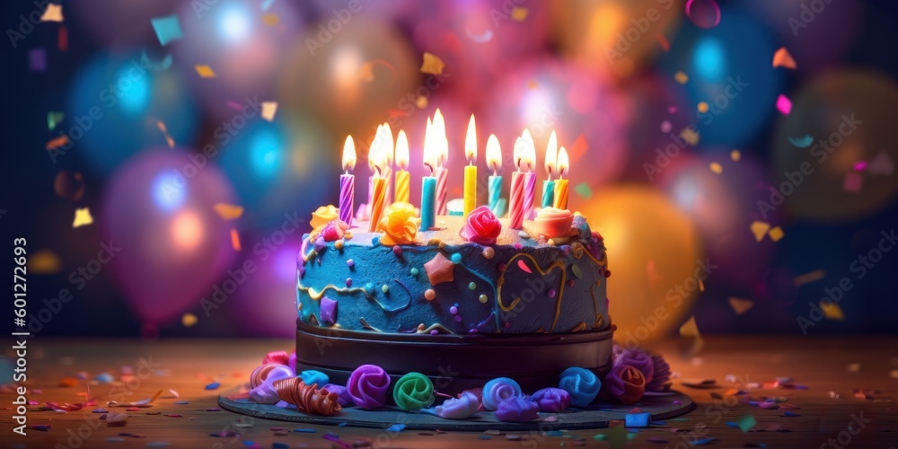 Happy birthday cake with candles, balloons and confetti background. Generative AI Stock ...