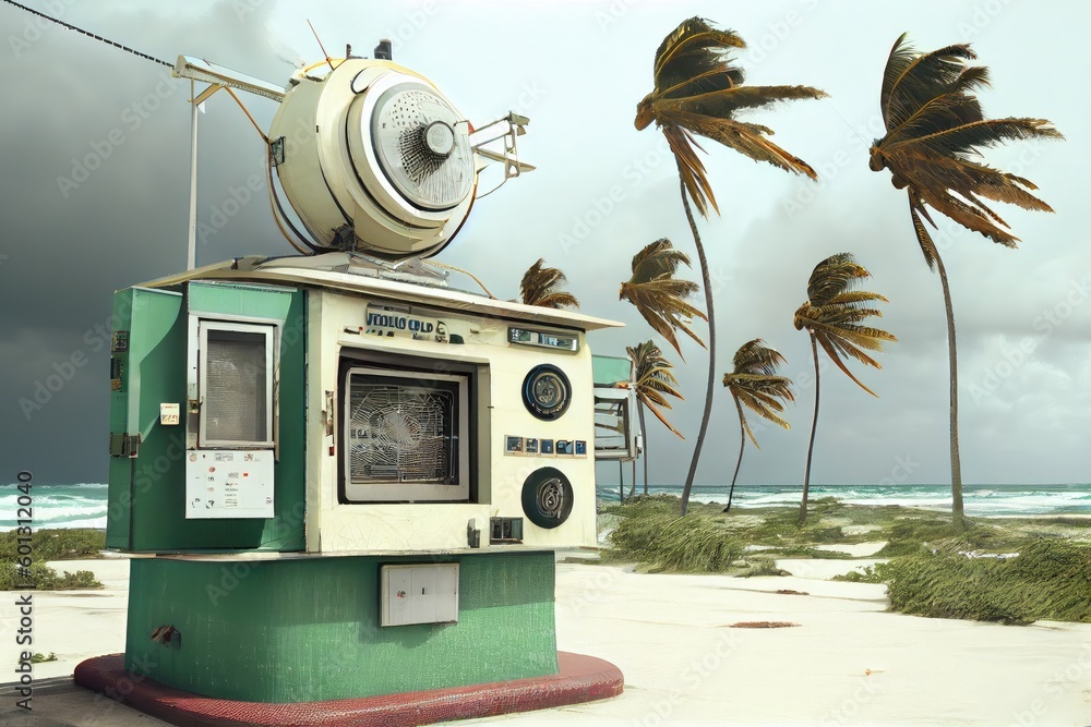 meteorological station, with view of tropical cyclone on the horizon ...