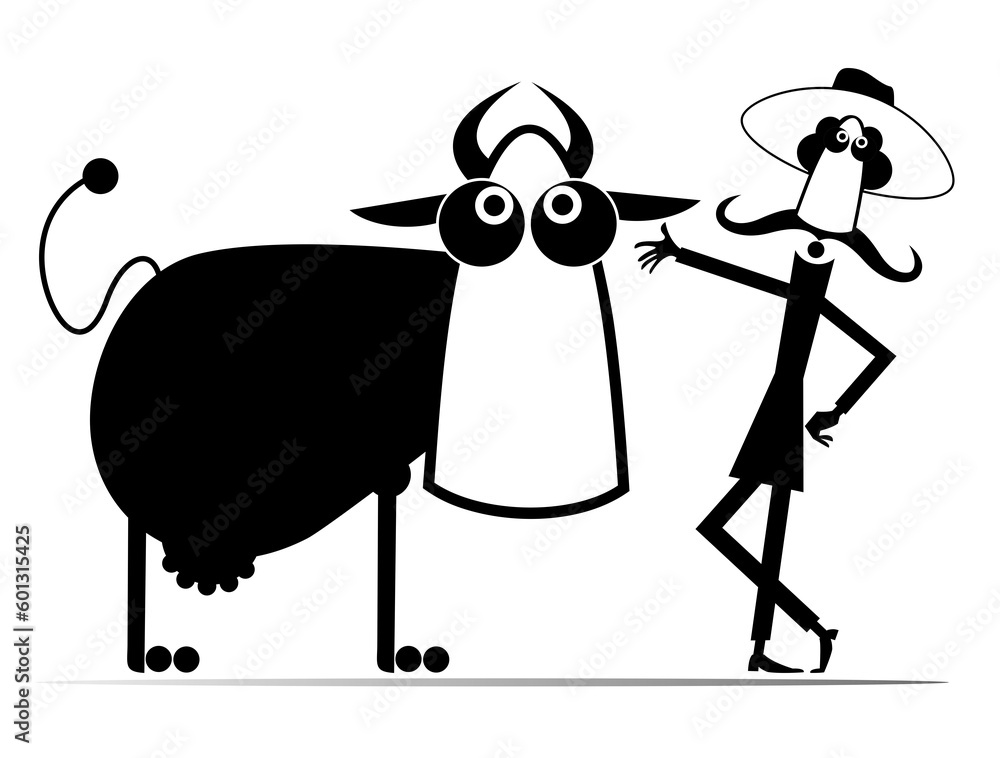 Cartoon farmer and cow. Cattle farm. Funny long mustache man in the hat ...