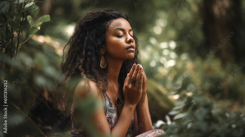 Woman practicing yoga in a tranquil outdoor setting, surrounded by lush ...