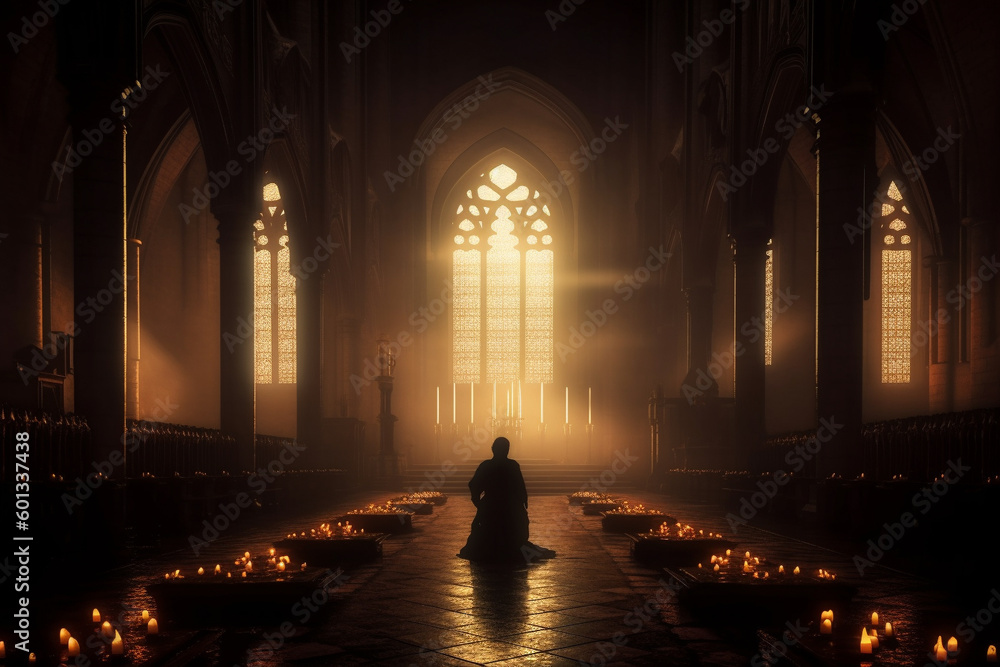 Person on their knees, praying in a gothic church with candles. The ...