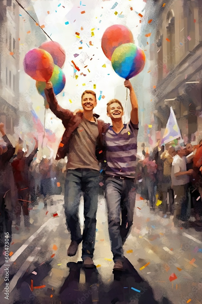 Watercolor painting of Two happy gays with lgbt flags on gay parade ...