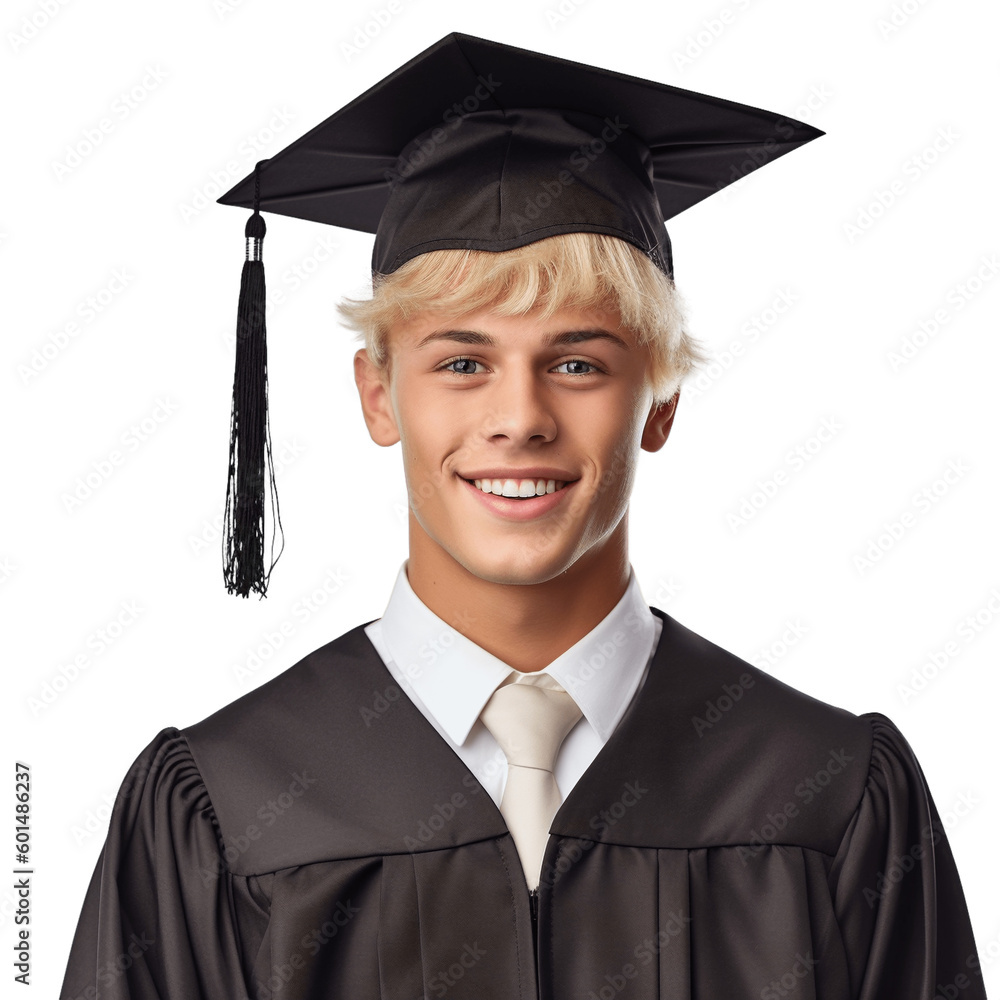 Portrait of a handsome, young, blond man wearing graduation cap and ...