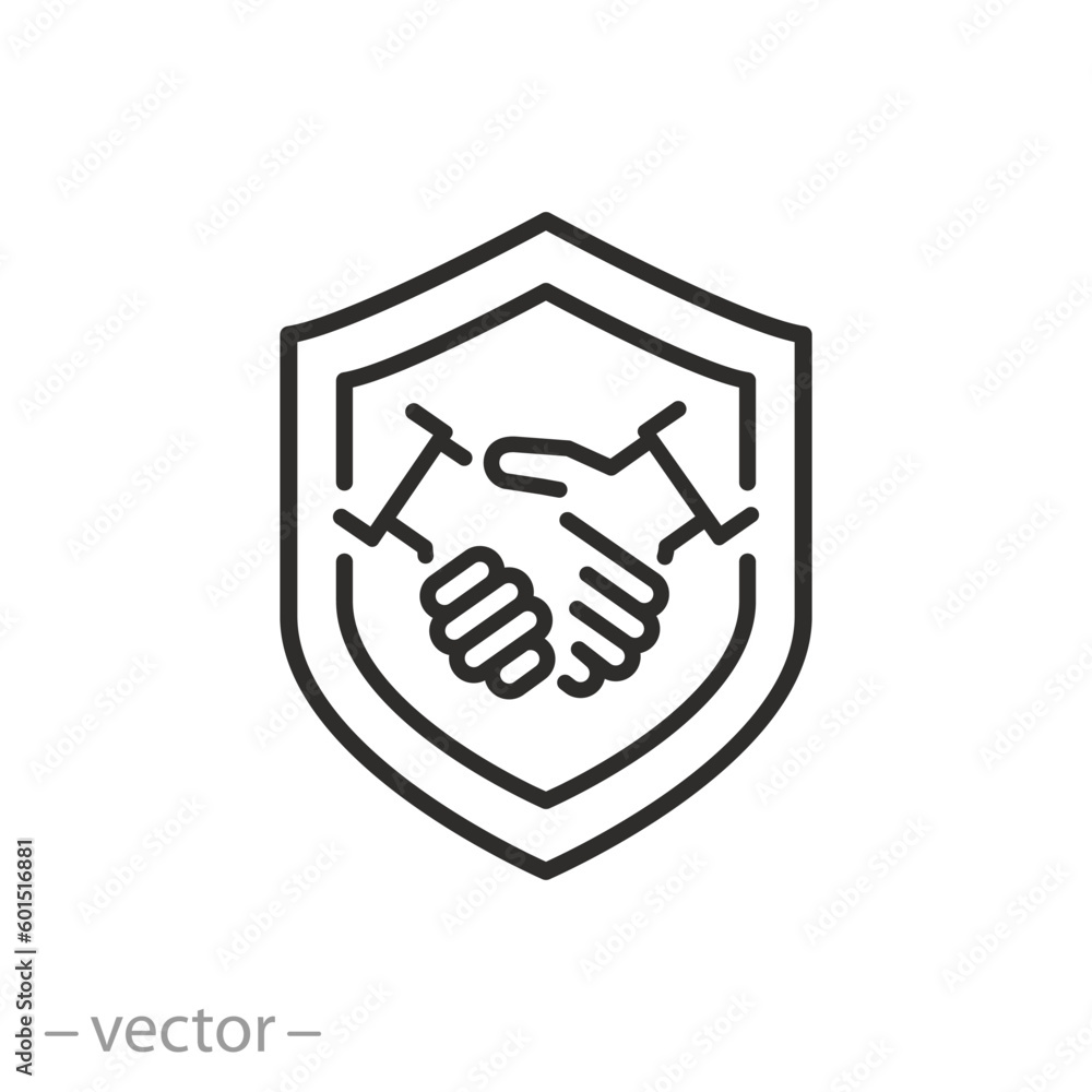 reliability icon, shield with handshake, business protection, thin line ...